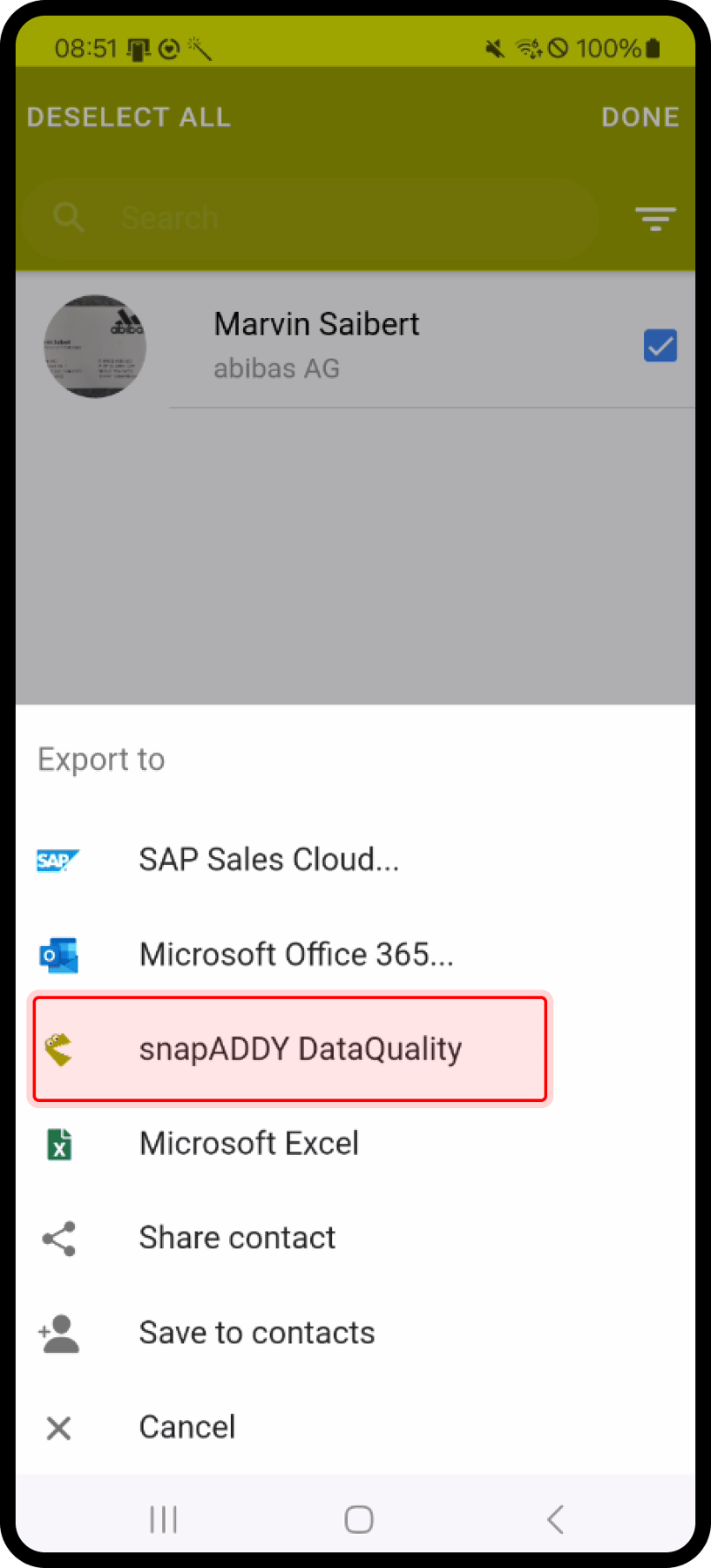 Scan and export business cards to snapAddy DataQuality